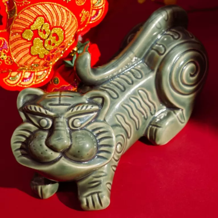 Ceramic Ren Yin Tiger Figurine, Turkish Blue Male Version